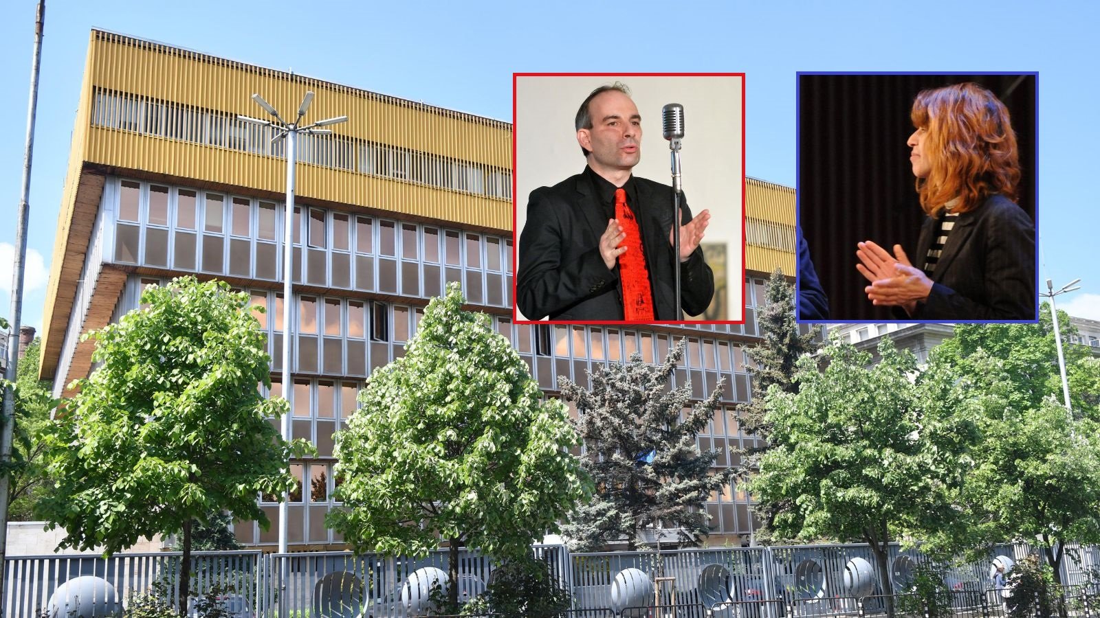 Водещите на Политически некоректно Петър Волгин и Силвия Великова на фона на сградата на БНР